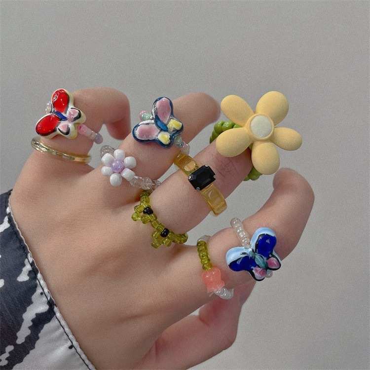 Y2K Colorful Beaded Flower Butterfly Frog Tulip Ring Summer Elastic Rope Niche Cute Women Ring ...
