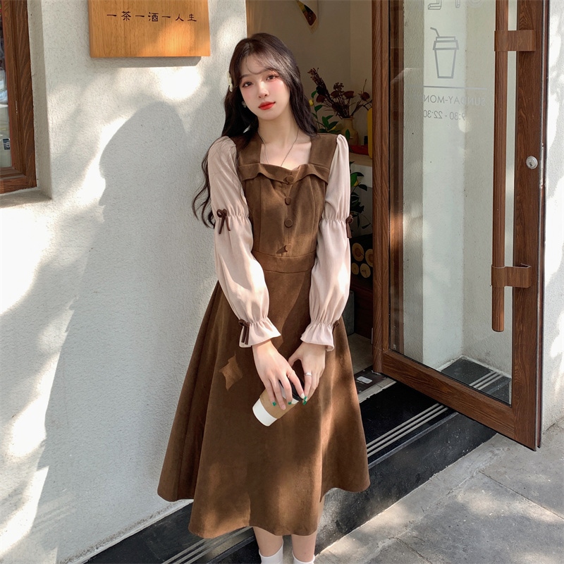 French Fake Two Piece Dress Autumn New Bowknot Square Neck Waist A Line ...