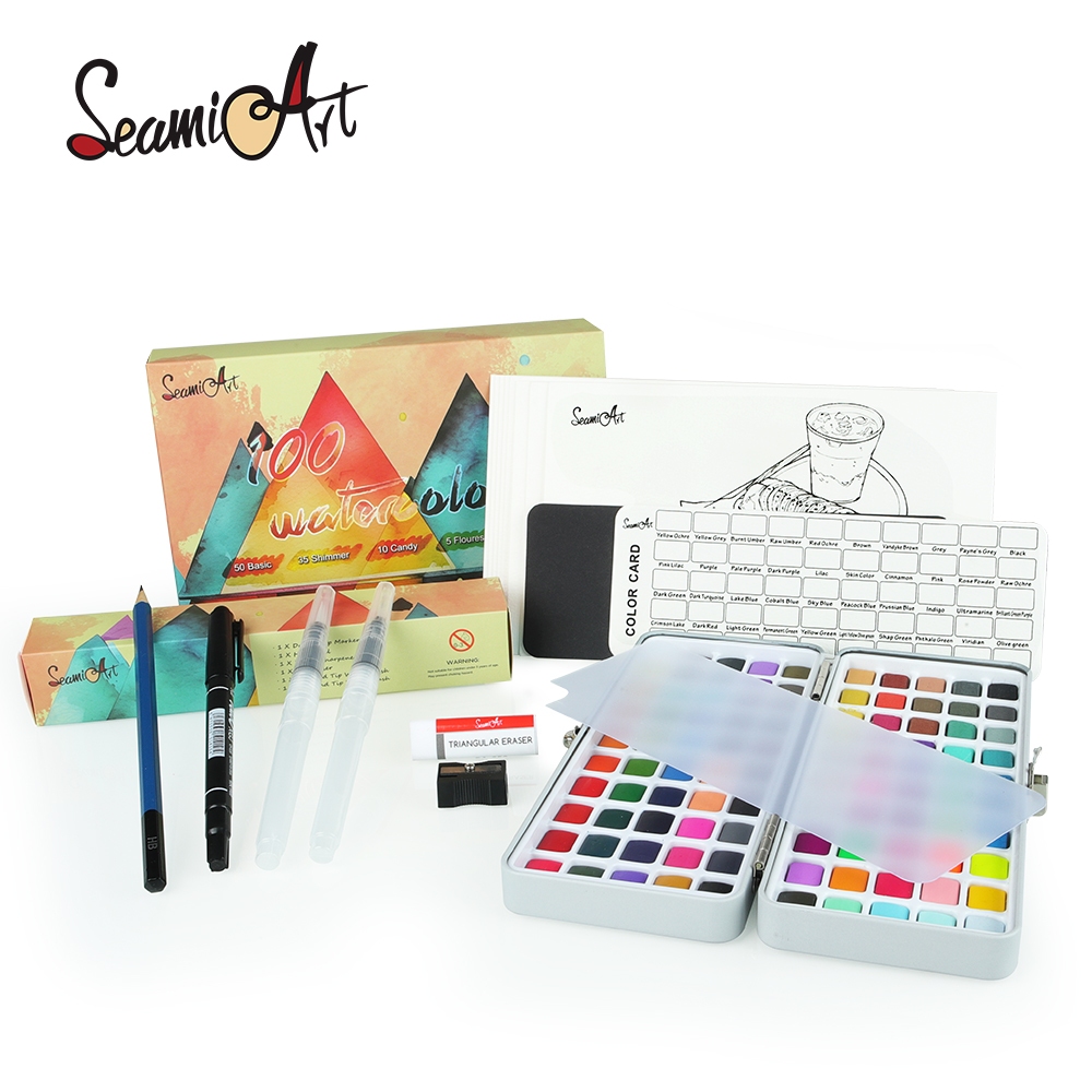 SeamiArt 100color Solid Watercolor Gift Set With Paint Brush Coloring ...