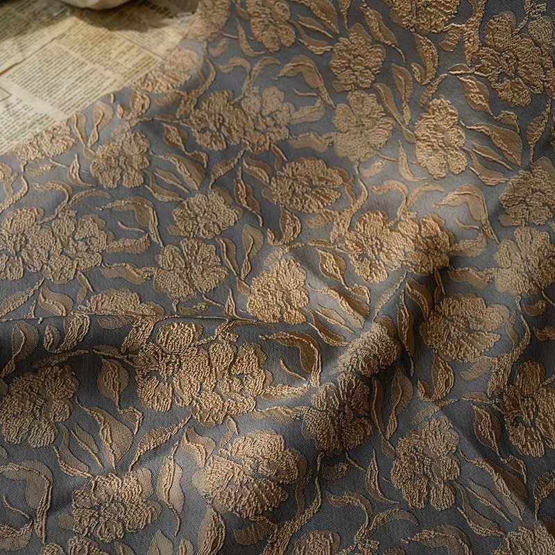 [1 meter]Spring and autumn grey coffee big flower yarn-dyed jacquard ...