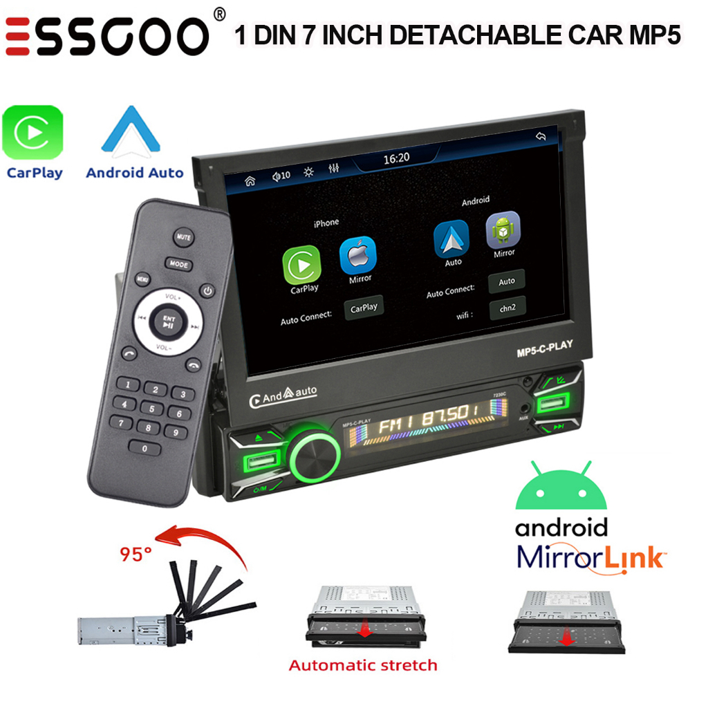 ESSGOO Single 1 Din 7 Inch HD MP5 Player Auto Retractable Touch Screen Multimedia Player with ...