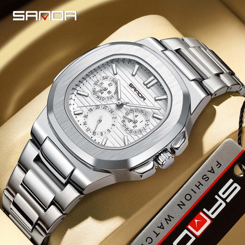 SANDA 2024 Luxury Watch Business Waterproof Male Clock Luminous Date Stainless Steel Square ...
