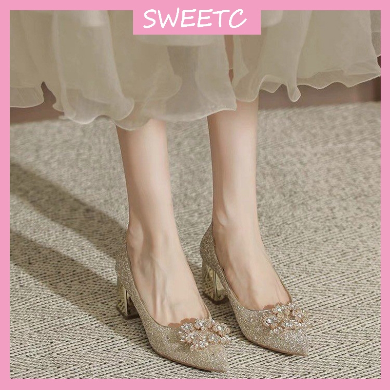 SWEETC Kasut raya perempuan Raya 2024 kasut tinggi Women's Rhinestone ...