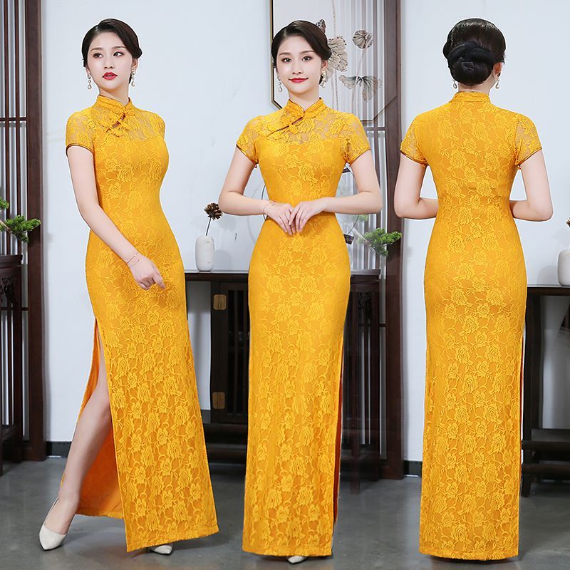 Lace Cheongsam Dress Orange Vintage Chinese Traditional Short Sleeve ...