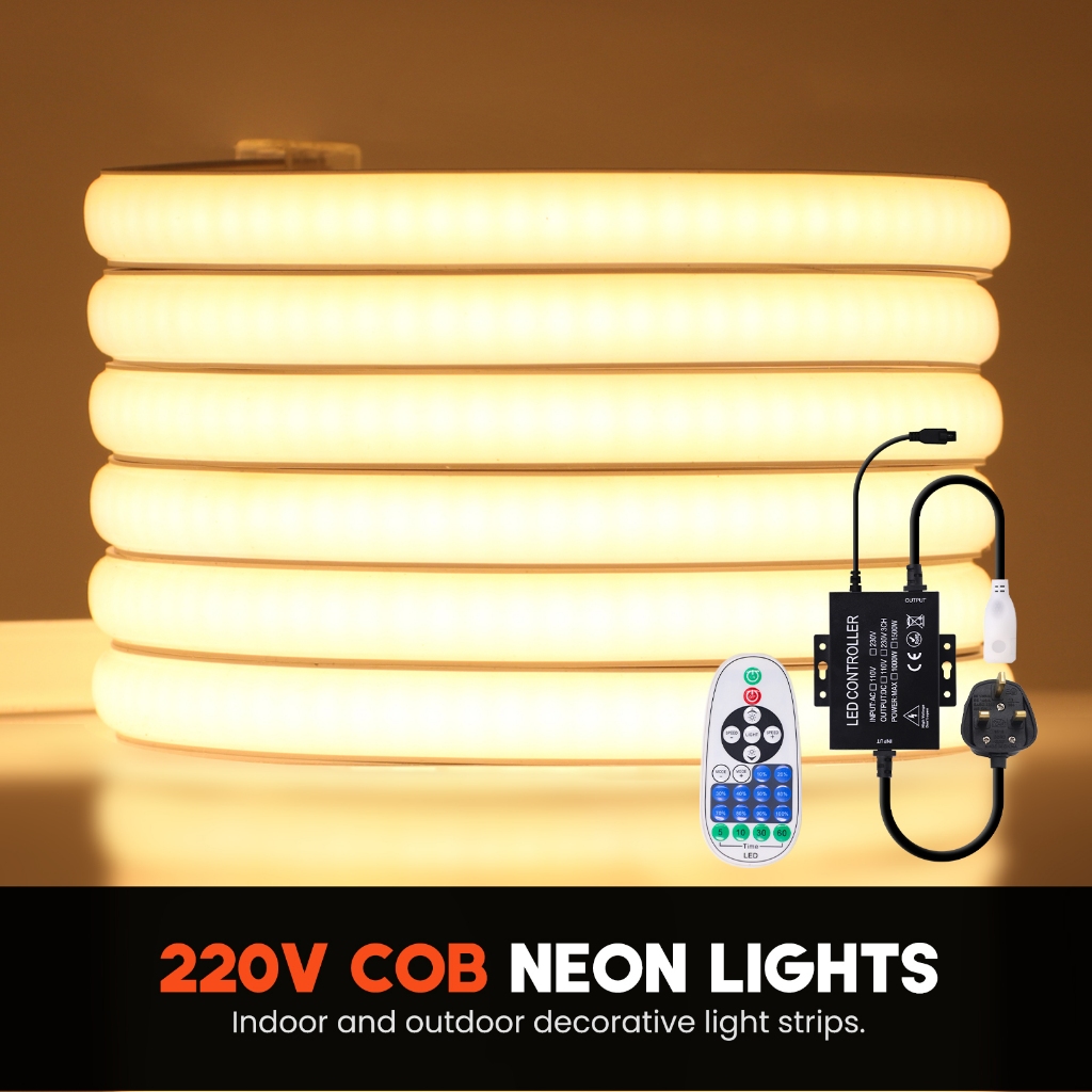 AC 220V COB LED Strip Light With Remote UK Power Plug 288Leds/m IP67 ...