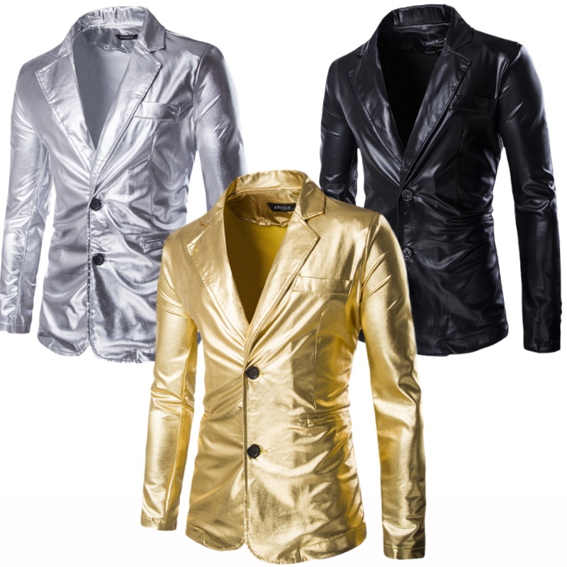 Men's Gilded Faux Leather Suit Jacket Glitter Gold Blazer Fashion Party ...
