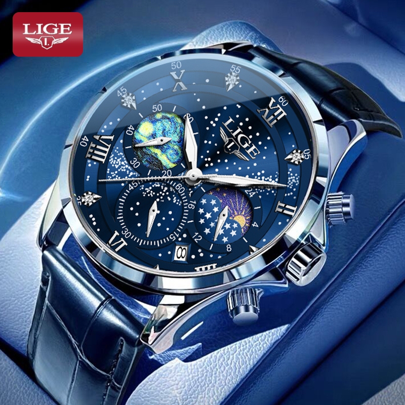 LIGE Multifunction Waterproof Luminous Leather Strap Sport Men Watch ...