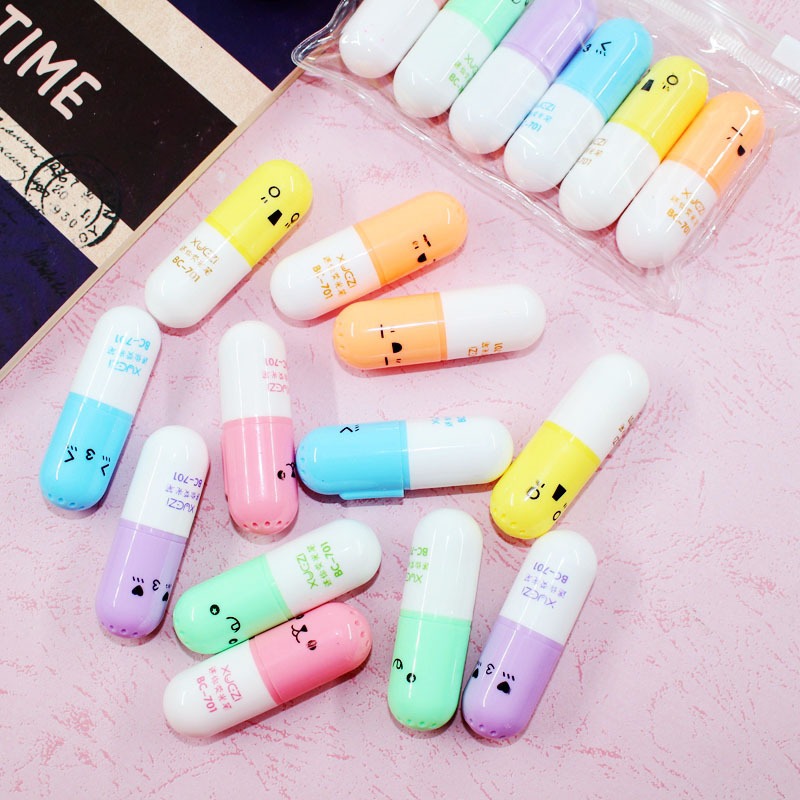 6Pcs Creative Pill-Shaped Cartoon Highlighter Pen Set Markers Mini ...