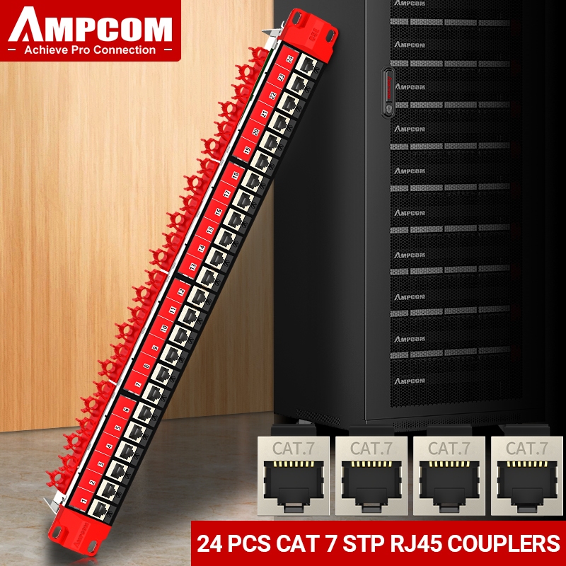 AMPCOM 24 Port Patch Panel Pass Through RJ45 Shielded with Backplane ...