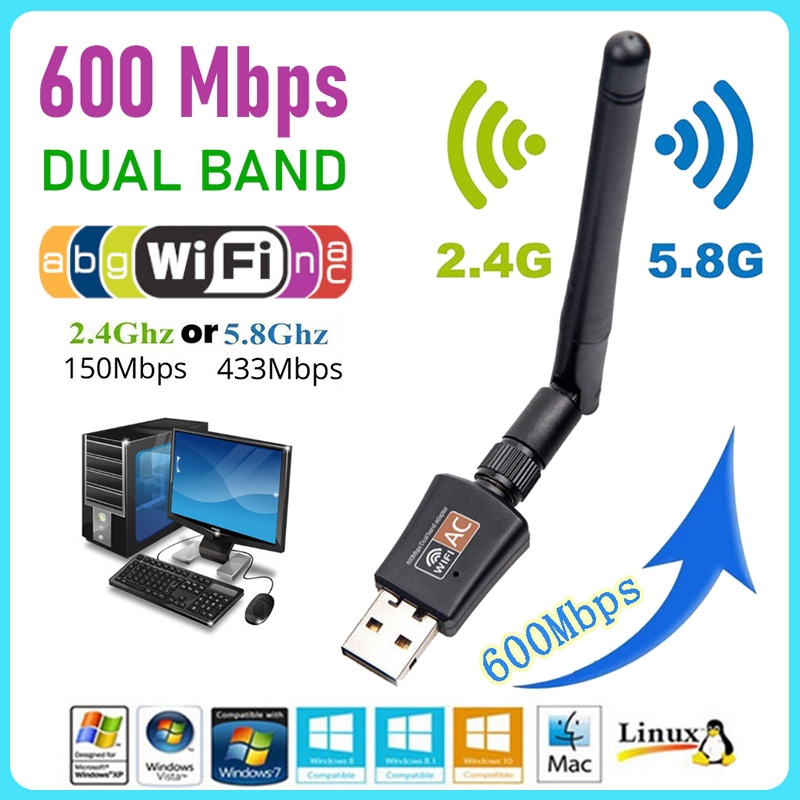 【Fast Delivery】Dual-Band 2.4G/5G Wireless 600Mbps USB WiFi Router Network Adapter Card PC ...