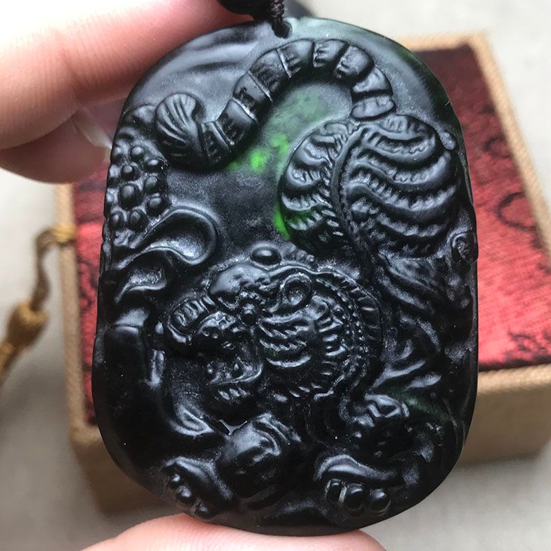 Natural Ink Jade Mountain Tiger Pendant Aggressive Ink Green Jade Tiger ...
