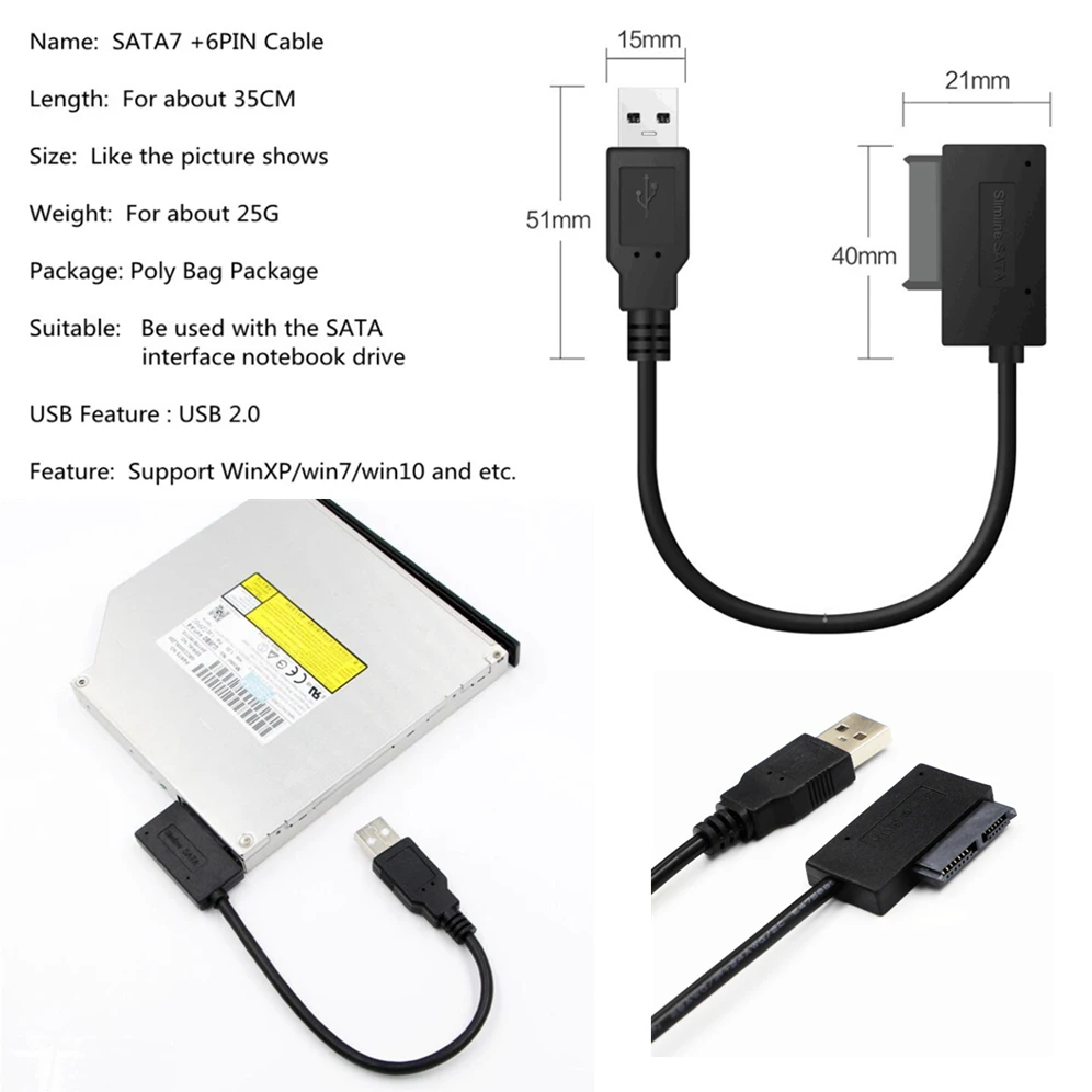 USB 2.0 to Mini Sata II 7+6 13Pin Adapter Converter Cable For Laptop CD/DVD ROM Slimline Drive ...