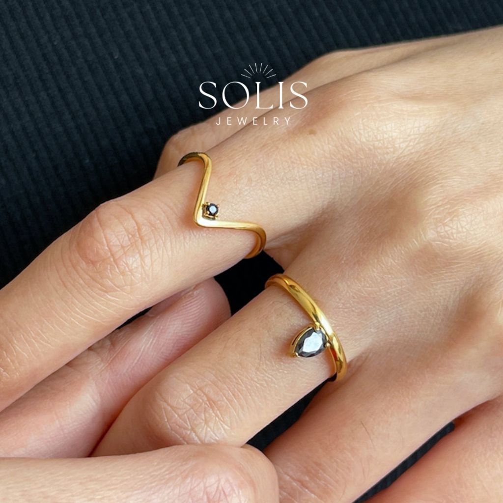 Black Water Droplet Diamond Gold Ring • Waterproof Non-Fade Tarnish ...