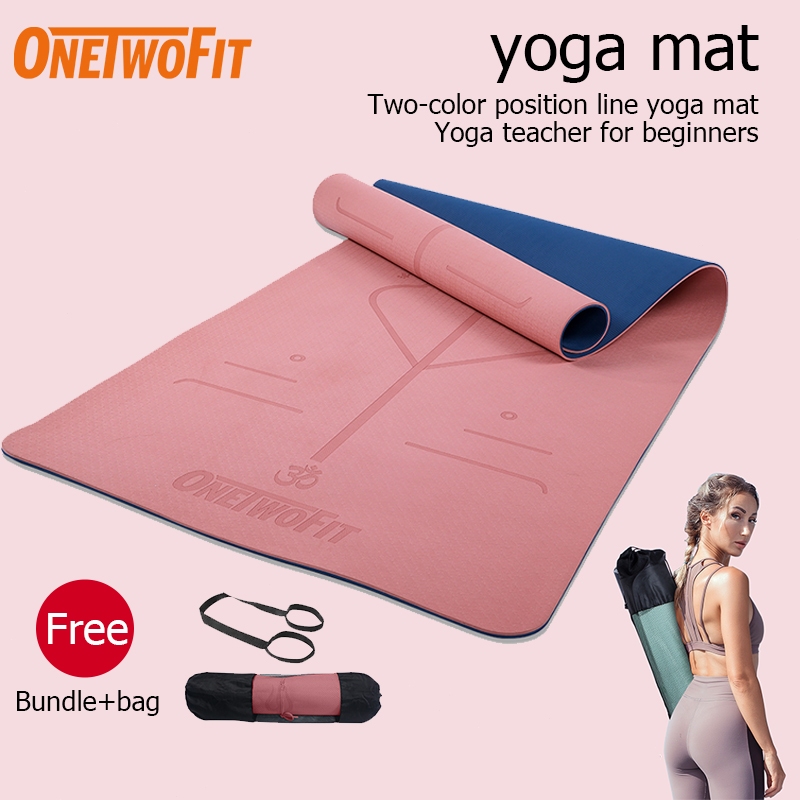 OneTwoFit TPE Yoga Mat Anti-Slip Dual Layer with Alignment Guide ...