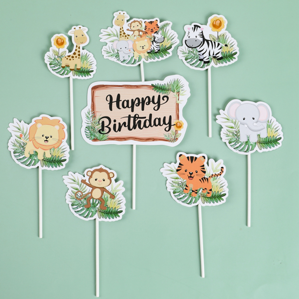 16pcs Jungle Safari Cake Toppers Cartoon Birthday Decorations Giraffe ...