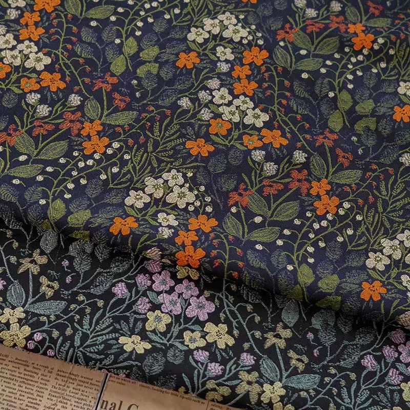 [1 meter]Garden style retro orange purple flowers yarn-dyed jacquard ...