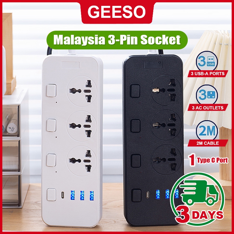 GEESO Universal Power Socket Extension With 3 USB Ports Power Strip ...