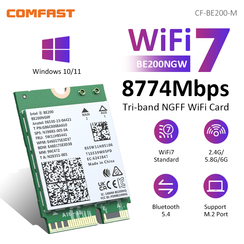 COMFAST WiFi 7 Intel BE200 Network Card Bluetooth 5.4 Tri Band 2.4G/5G/6GHz 8774Mbps BE200NGW M ...