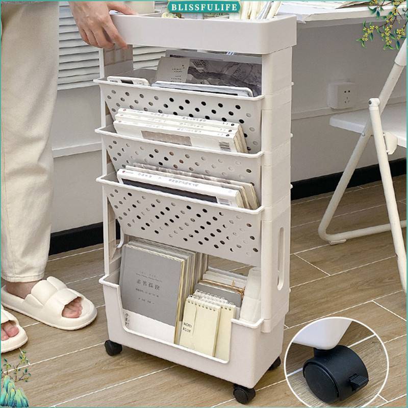 5 Tier Rolling Book Cart Movable Storage Bookshelf Rak Buku Atas Meja ...