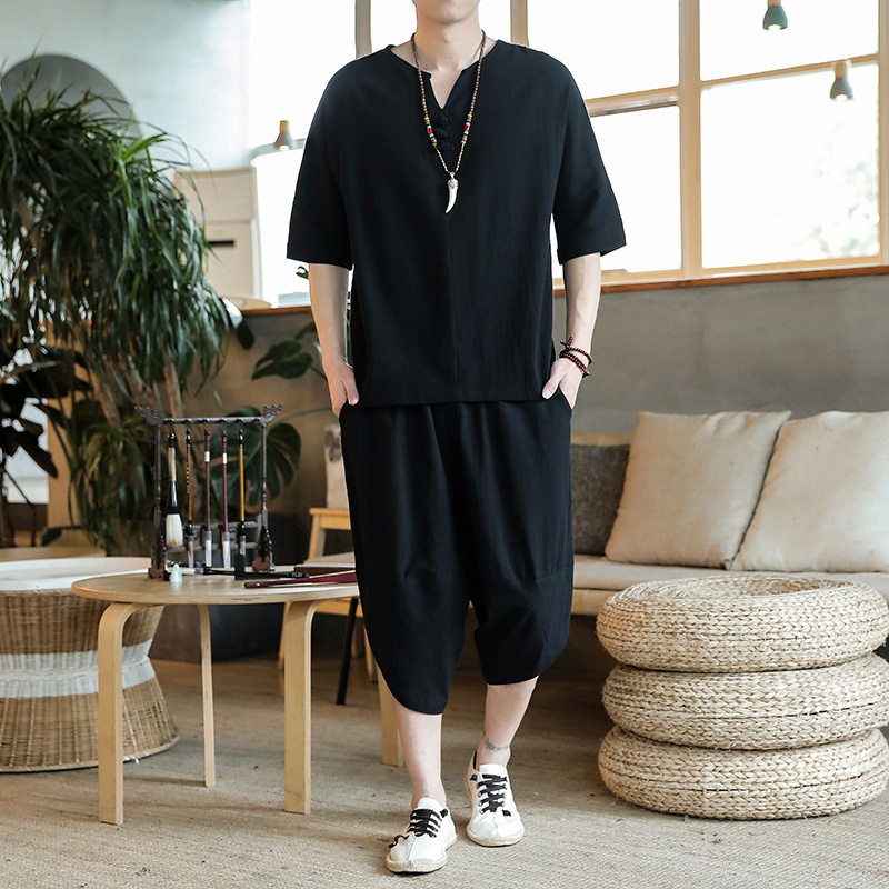 Men Casual outfits 2 Pieces Linen Shirt 1/2 Sleeve Chinese Style ...