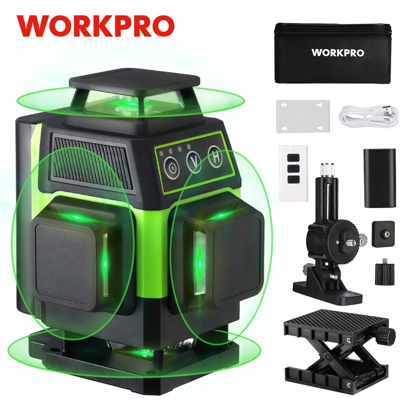Workpro Laser Level 4x360 Self Leveling 16/12 Lines Green Beam Professional Line Laser Tool ...