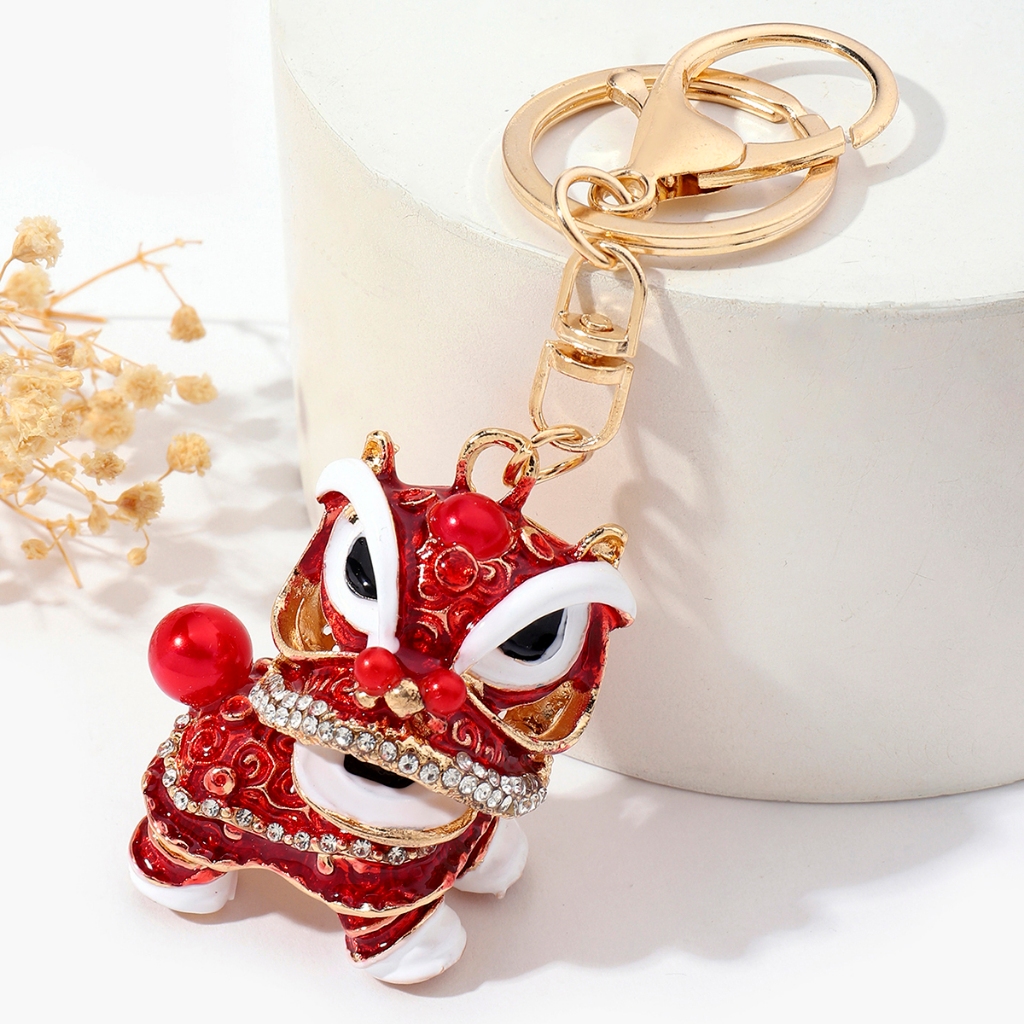 Chinese Style Rhinestone Lion Car Keychain Female Creative Cute Money ...