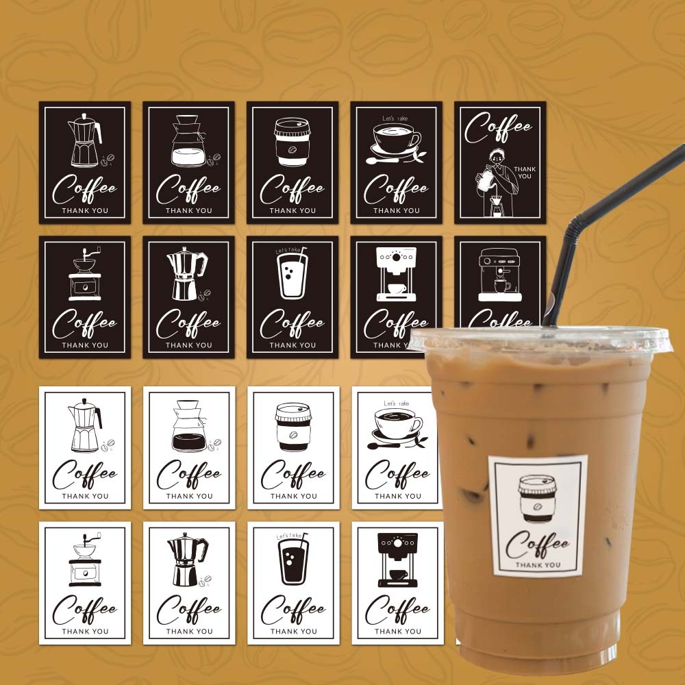 100 Pcs/Pack Black and White Rectangular Coffee Stickers Coffee Cup ...