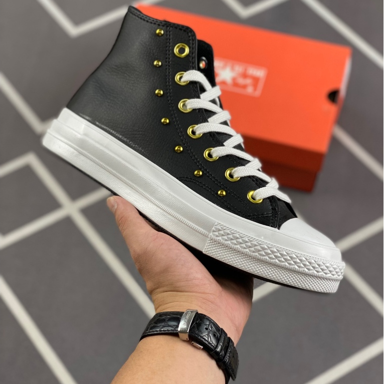 Converse all stat Black Leather Gold Button High-Top Casual Sneakers ...