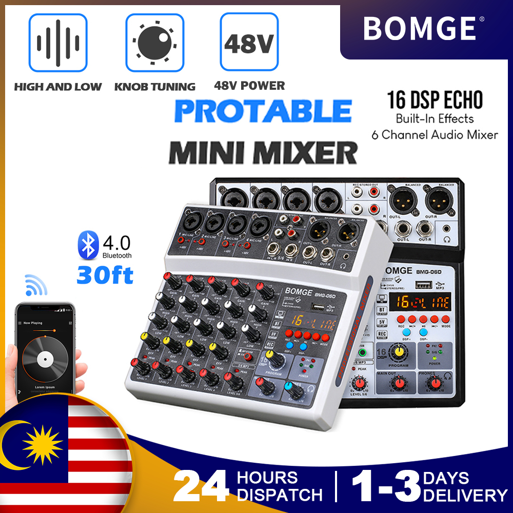 BOMGE 6 channel dj audio mixer with MP3 USB Bluetooth,48V phantom power, 5V power supply,16 DSP ...