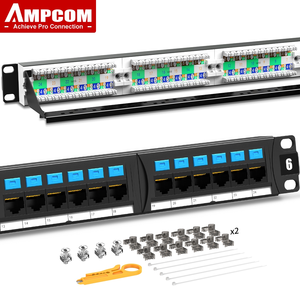 AMPCOM Patch Panel CAT6 Supreme Series 24 Port/48 Port 50μ Gold Plated CAT6 Supreme Series 1U/2U ...