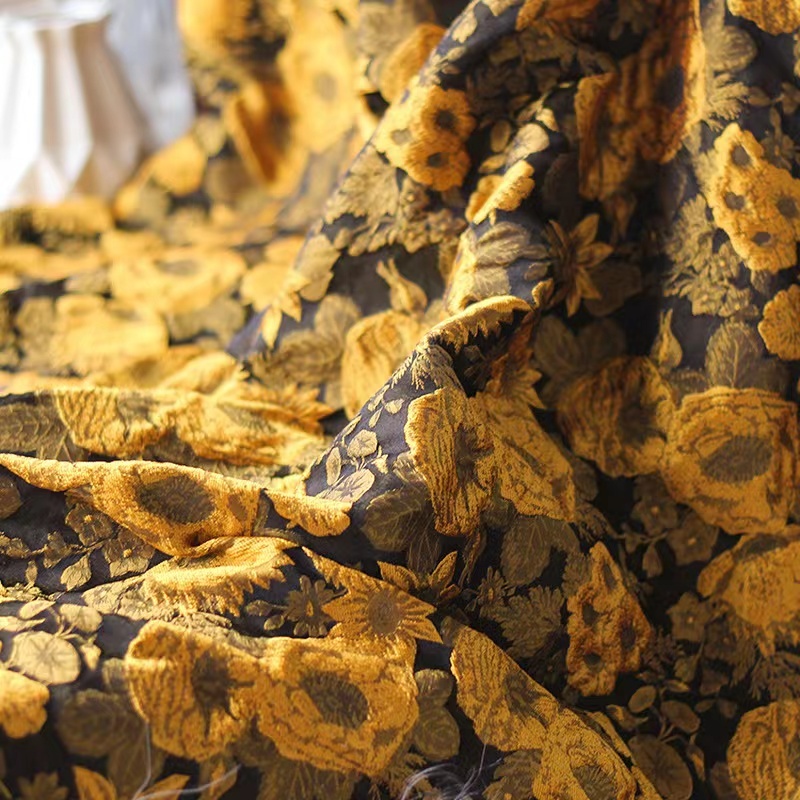 [1 meter]Yellow flower texture oil painting style yarn-dyed jacquard ...