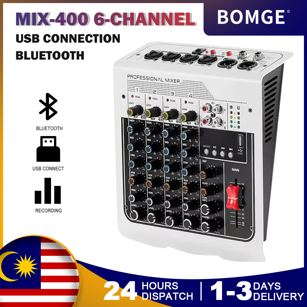 BOMGE Audio Mixer 6 Channel DJ Mixer Sound Board Console with USB MP3 Bluetooth Input 48V For ...