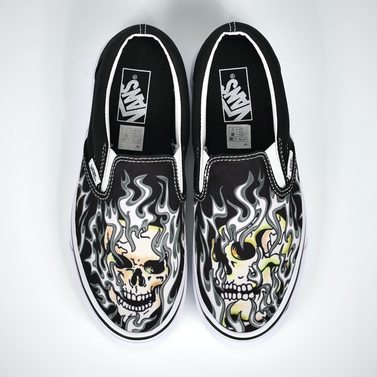 Van Classic Slip-On Flame Skull Punk Rock Flame Skull Head Lazy Man ...