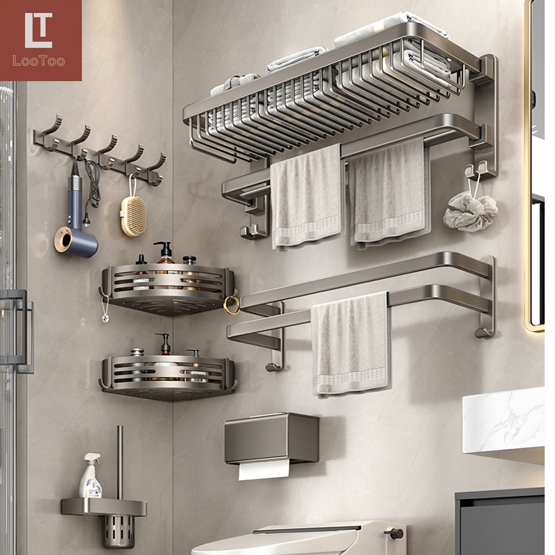 LOO TOO Grey Towel Rack Bathroom Hardware Set Robe Hook Towel Rail Bar ...