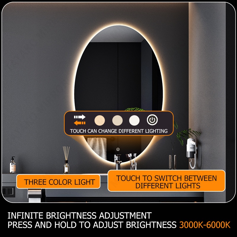 LED bathroom mirror with 3 colors light stepless dimming round mirror ...