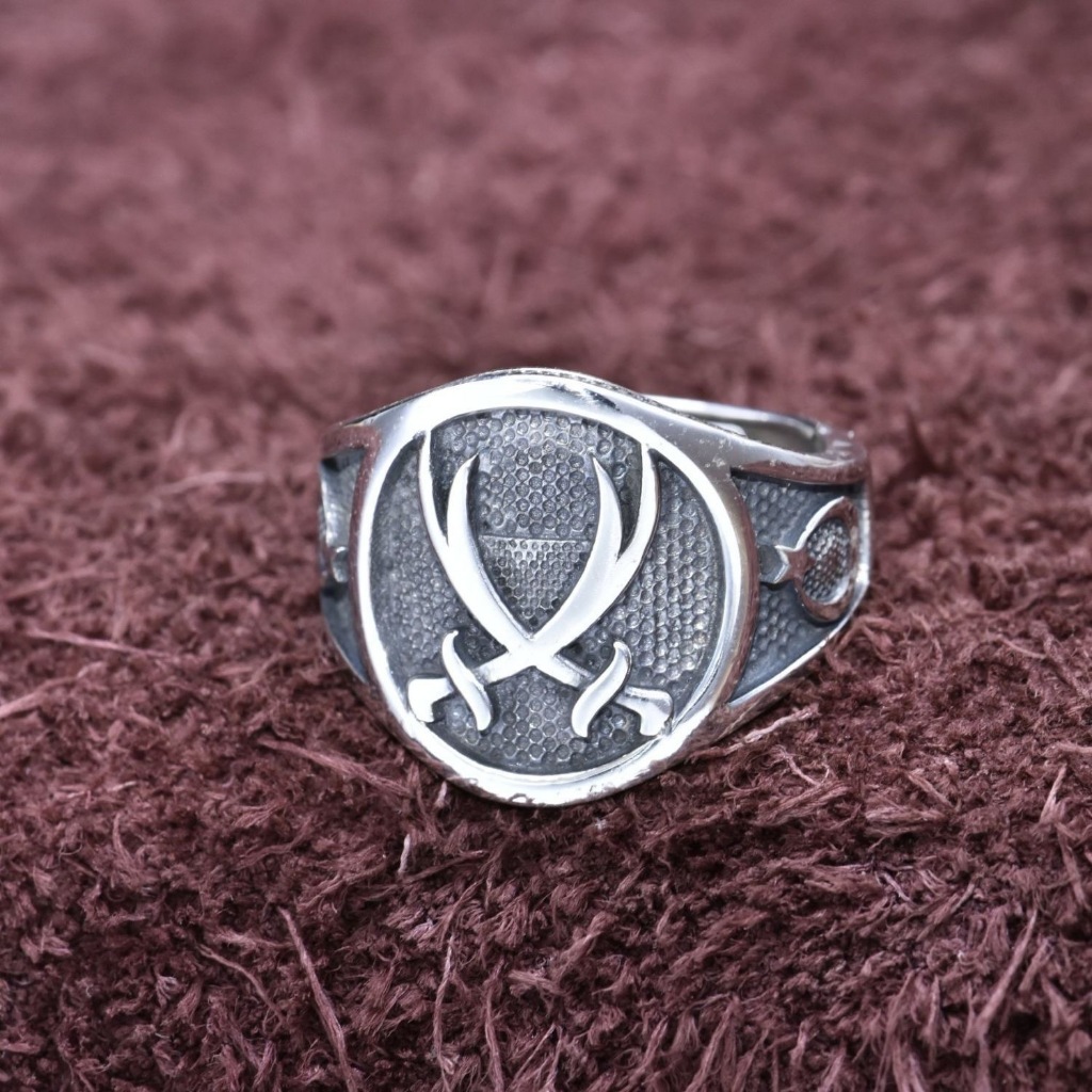 Men Unique Hip-Hop Retro Silver Arabian Double-Knife Ring Trendy Old ...