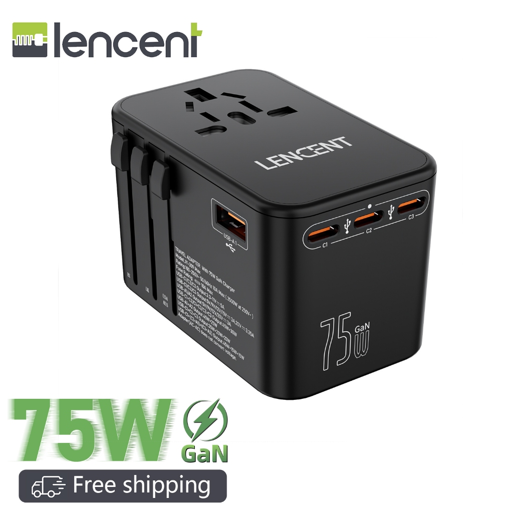 LENCENT GaN 75W Universal Travel Adapter, International Fast Charger with 3 PD3.0 Type C+2 QC4.0 ...