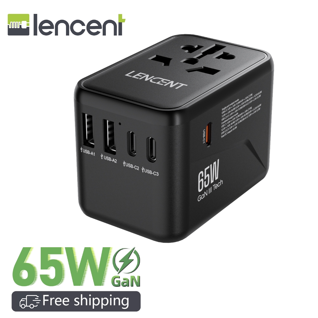 LENCENT GaN III 65W Universal Travel Adapter, International Charger with 2 USB Ports & 3 USB-C ...