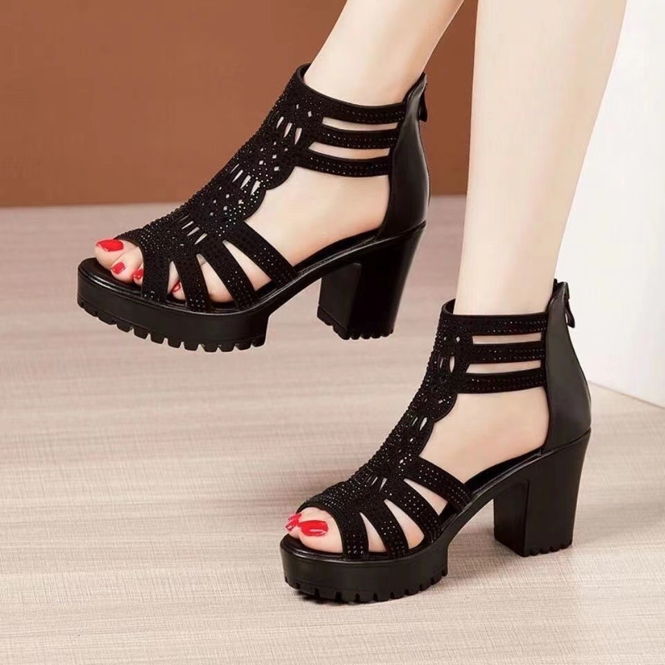Roman Sandals Large Size High Heels Back Zipper Hollow Full Diamond ...