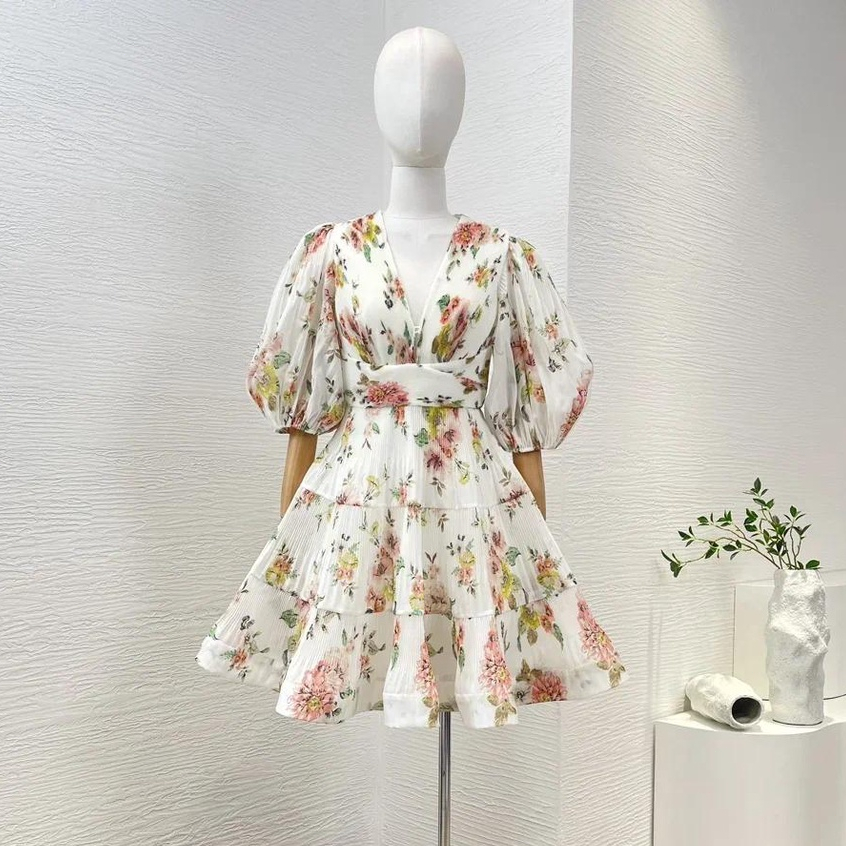 【in stock】Zi*m Floral A-line Dress Pleated Plunging V-neckline ...