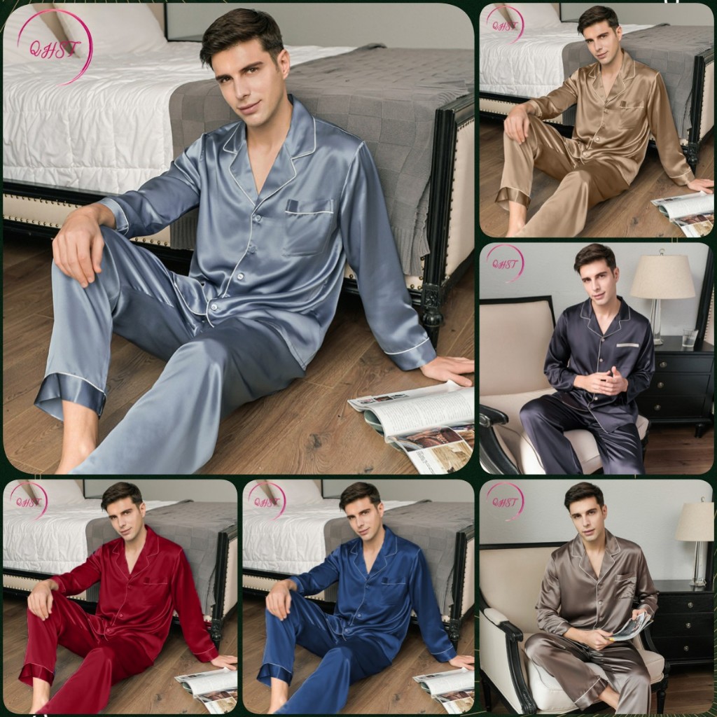 Qhst Pajamas Men Matte Blue Solid Color Suit Silk Soft Close-Fitting ...