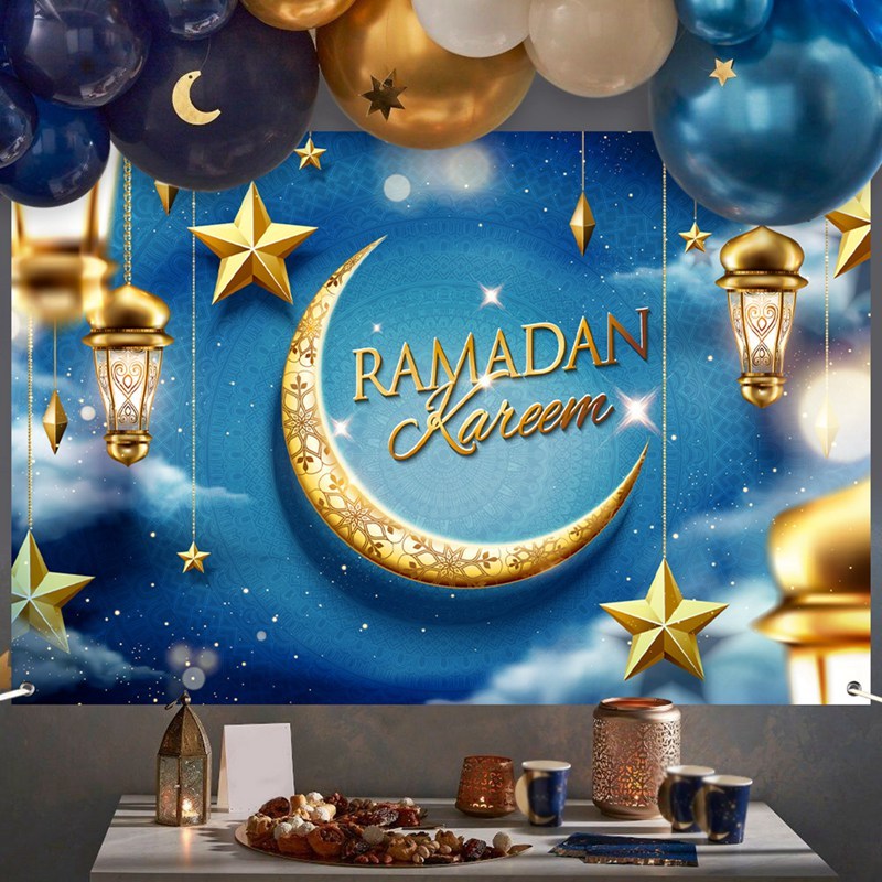 1.5*1M Eid Mubarak Decorations Backdrop White Gold Blue Ramadan Kareem ...