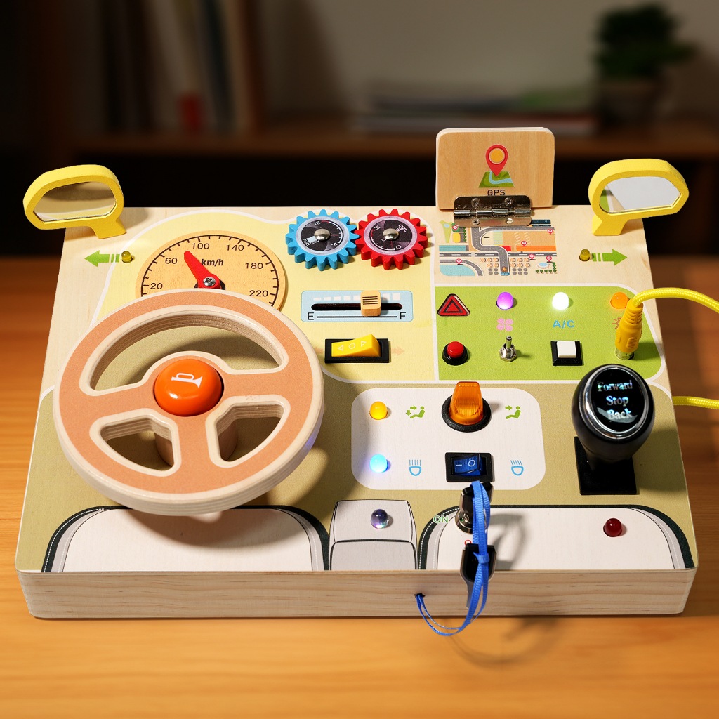 LED Lights Busy Board - Montessori Toy Wooden Car Steering Wheel Busy ...