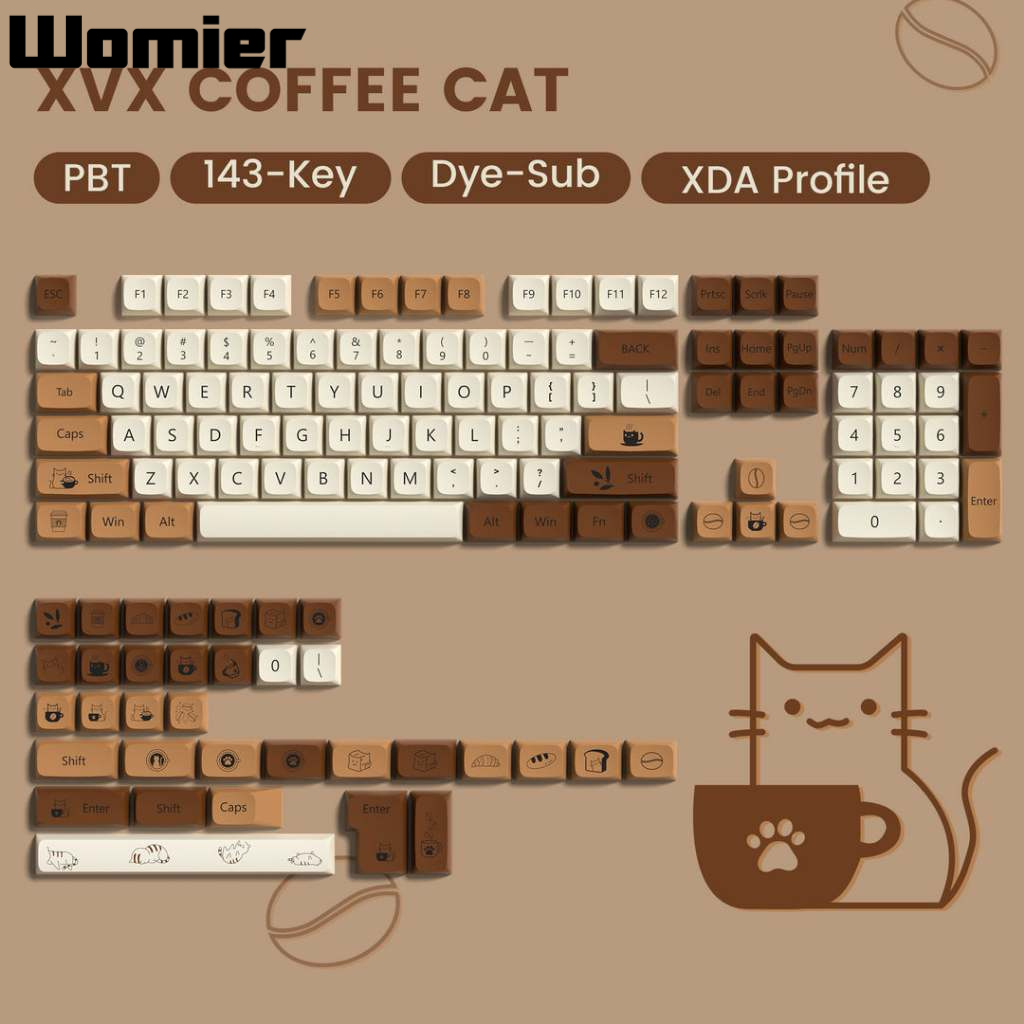 WOMIER 143 Keys PBT Keycaps Coffee Cat Theme 5 Sides DYE-SUB XDA ...