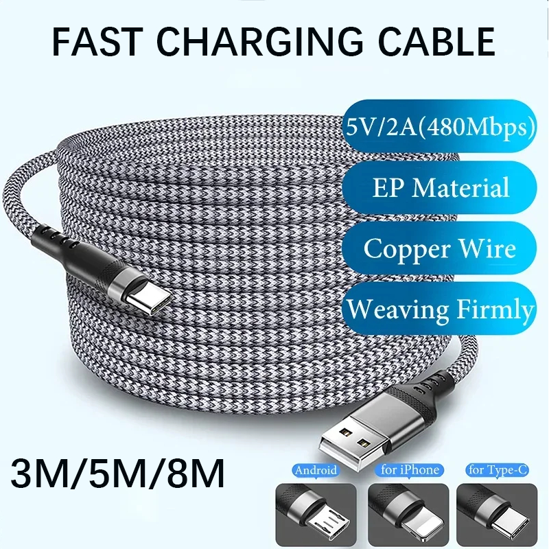 3m 5m 8m 5A USB Type C IOS Micro USB Cable Ultra Long Mobile Phone Fast ...