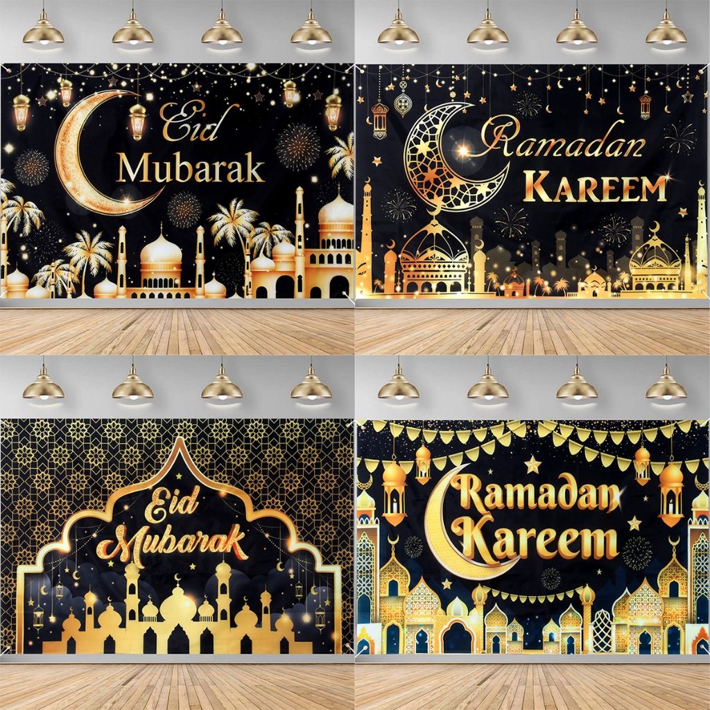 100*150cm Raya Decoration Black Gold Castle Eid Mubarak Backdrop ...