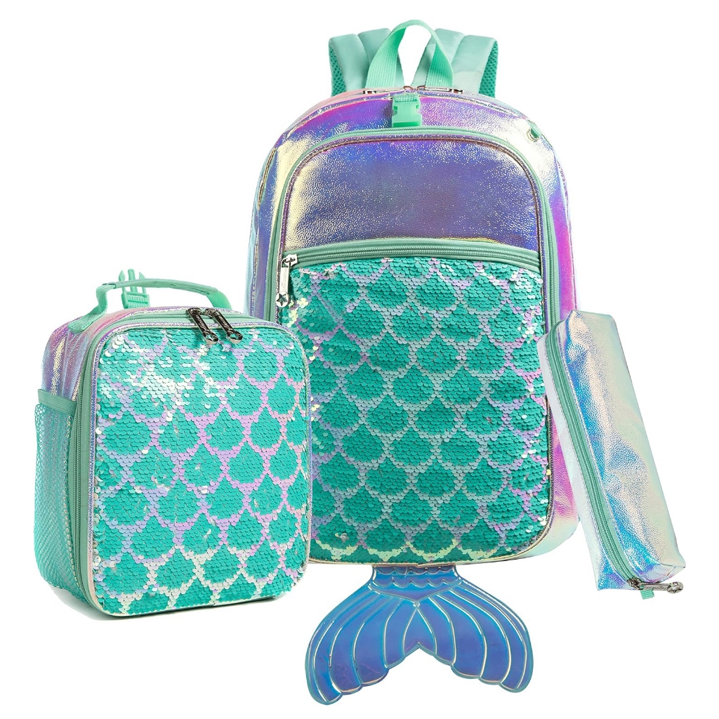 3-piece mermaid backpack, girls backpack set, 17-inch backpack with ...