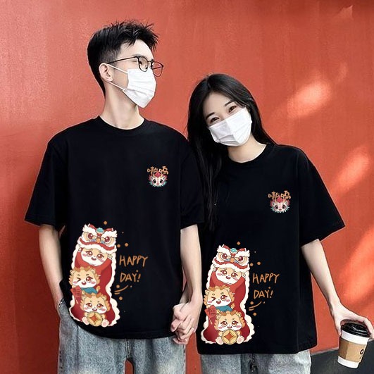 M-8XL 2025 Dragon Year Chinese Style Street Retro Cartoon Lion Awakening Print Round Neck Short ...