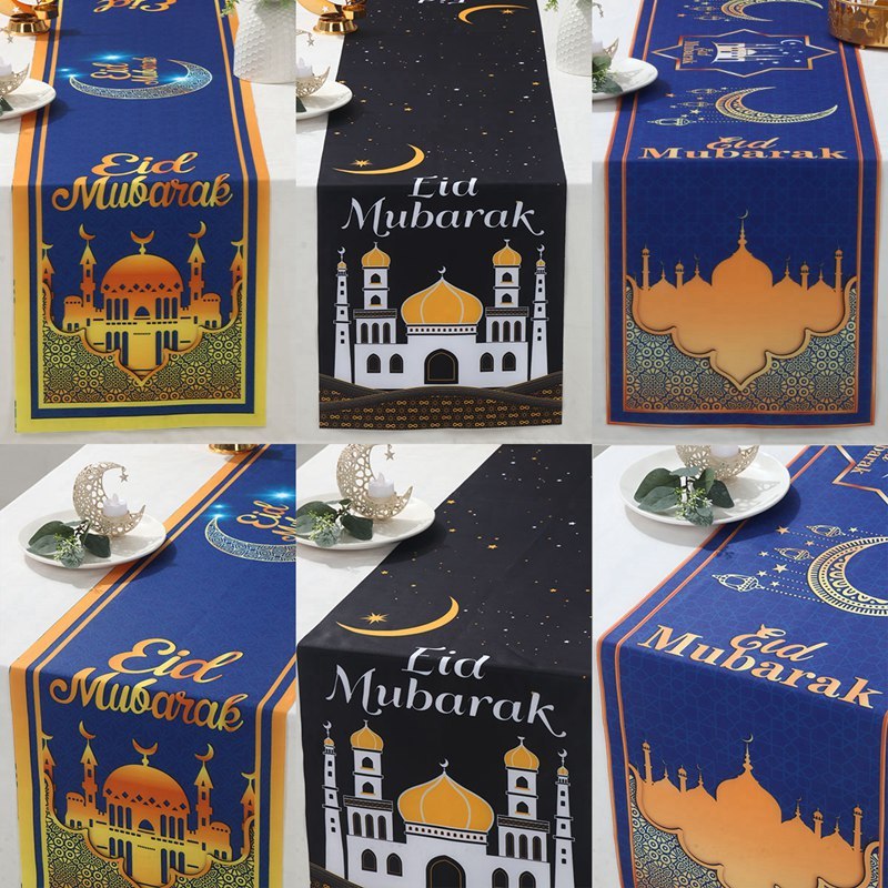 1.8*0.35M Blue Gold Eid Mubarak Table Runner Polyester(thin) Tablecloth ...