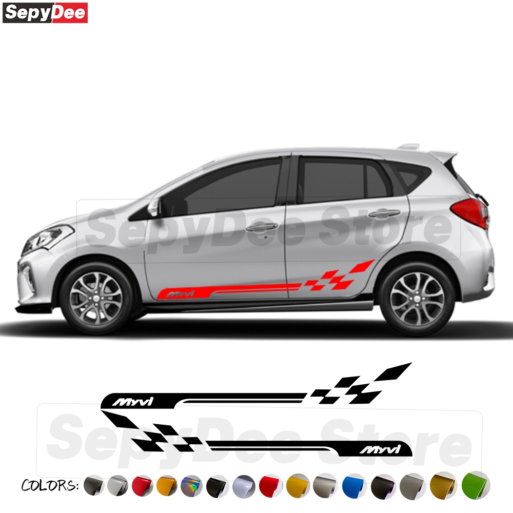 2Pcs Car Door Side Stickers for Perodua Myvi Logo Checkered Graphics ...